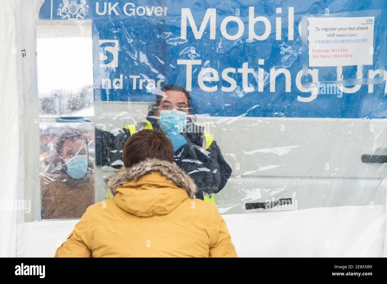 London, UK. 1st Feb, 2021. A mobile testing unit for the South African ...