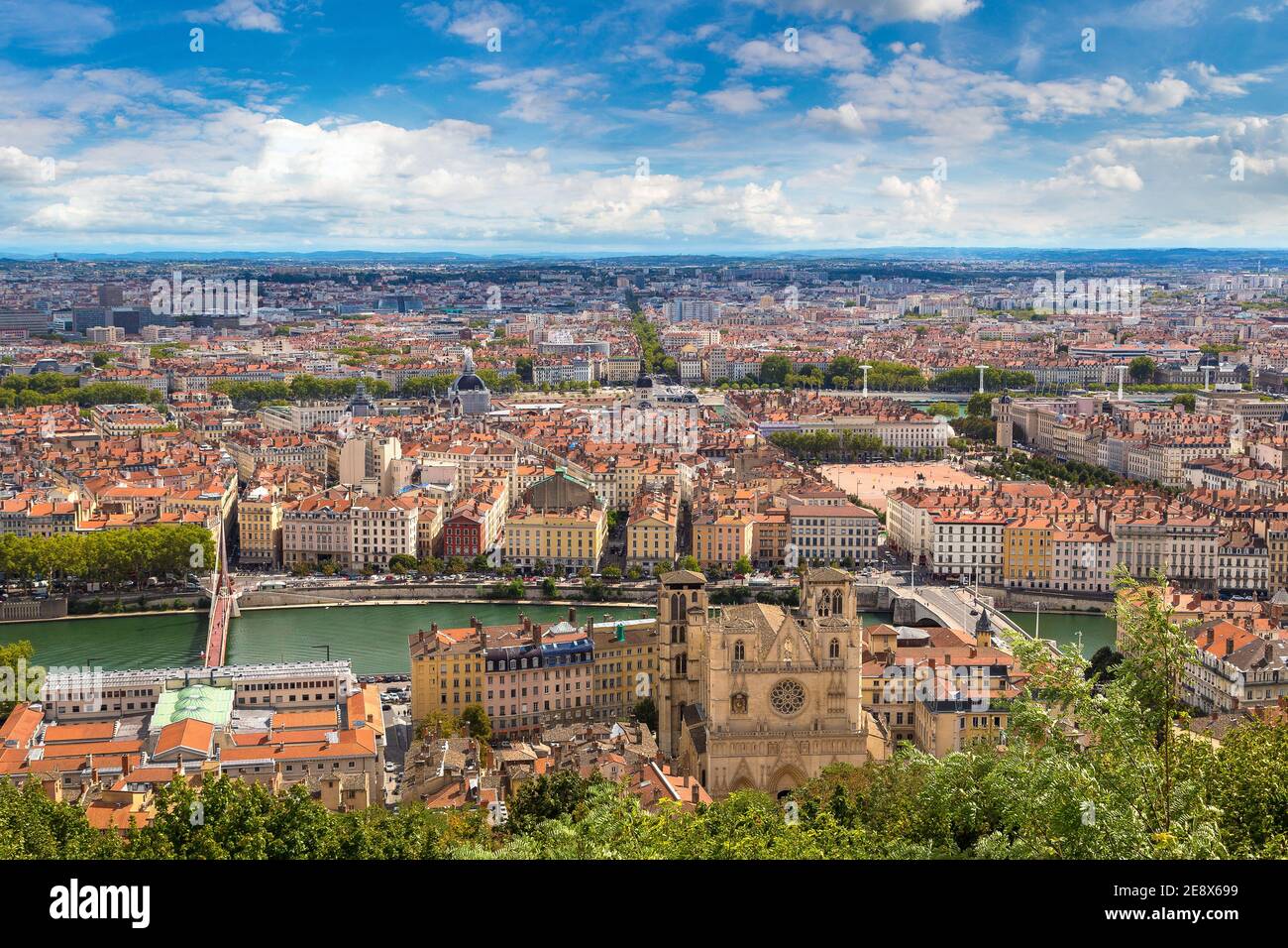 Aerial panoramic view of Lyon, France in a beautiful summer day Stock ...