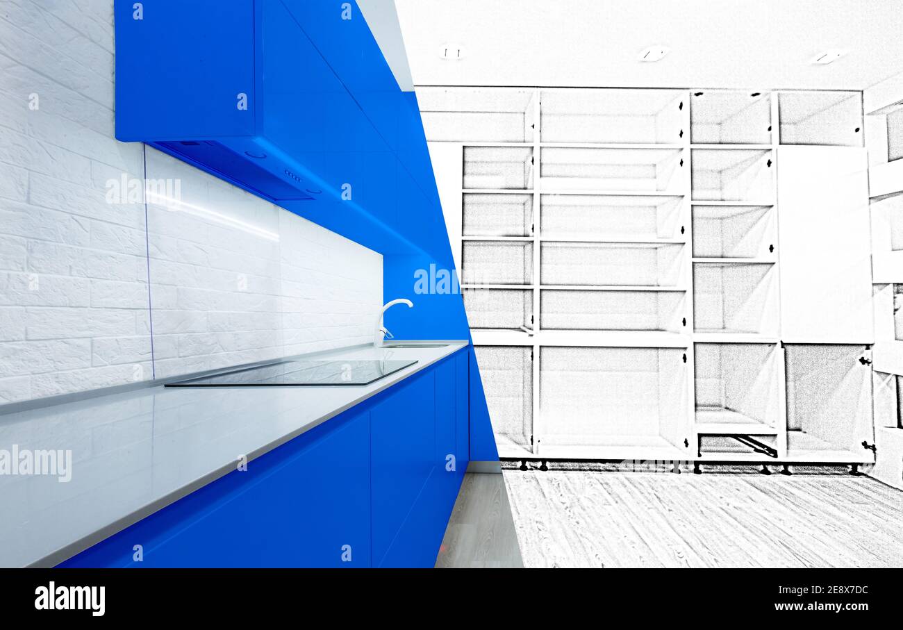Diagonal Split Screen Of Drawing and Photo of Beautiful New Kitchen ...