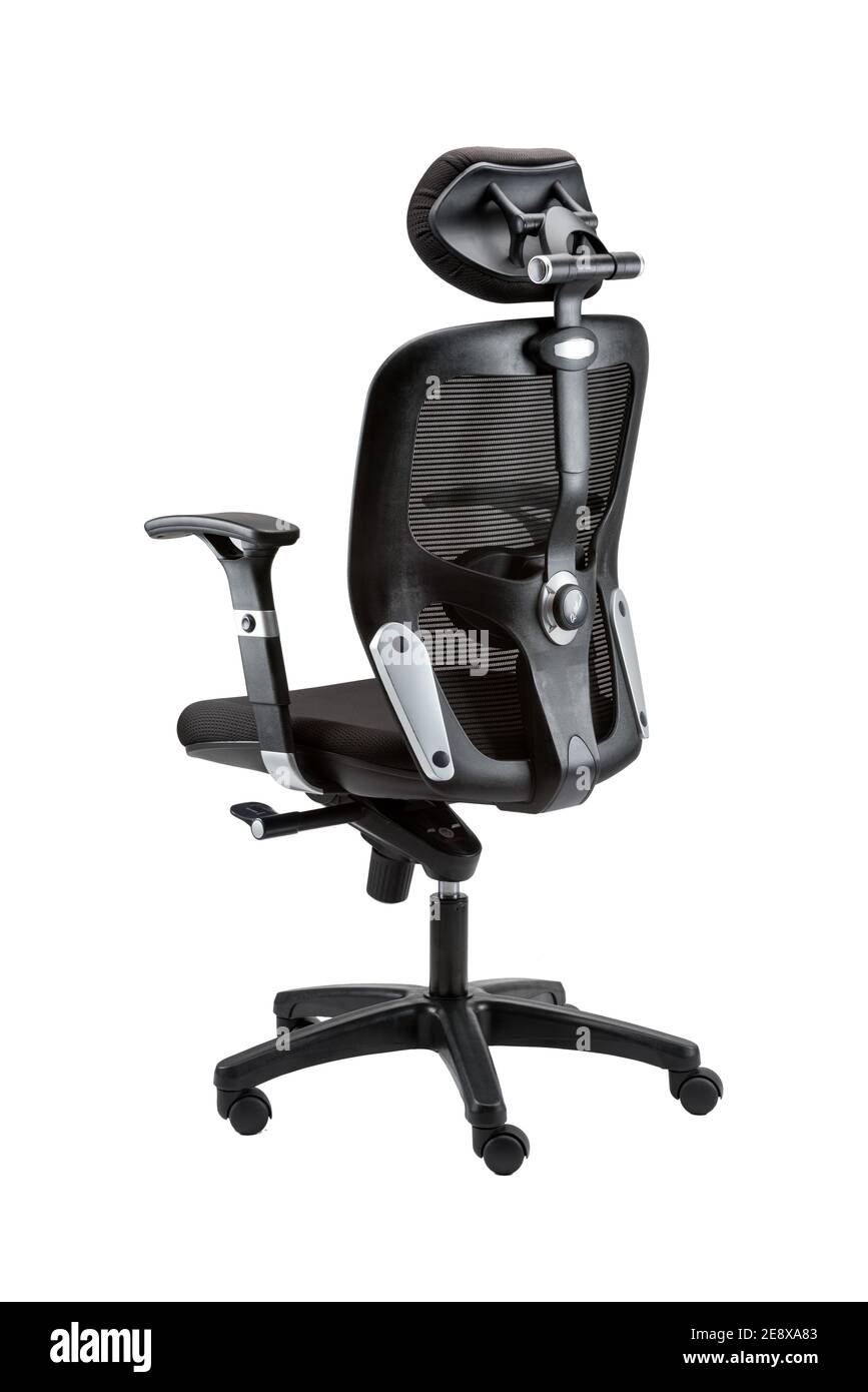 Vertical partial rear view of black office chair with headrest isolated ...