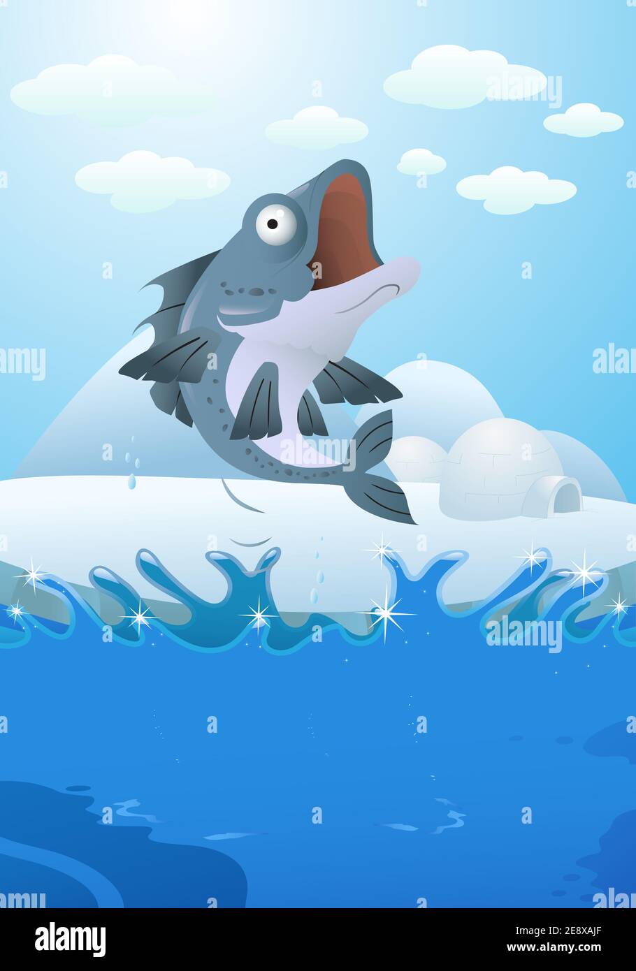 illustration of jumping north pole fish on ice land background Stock ...