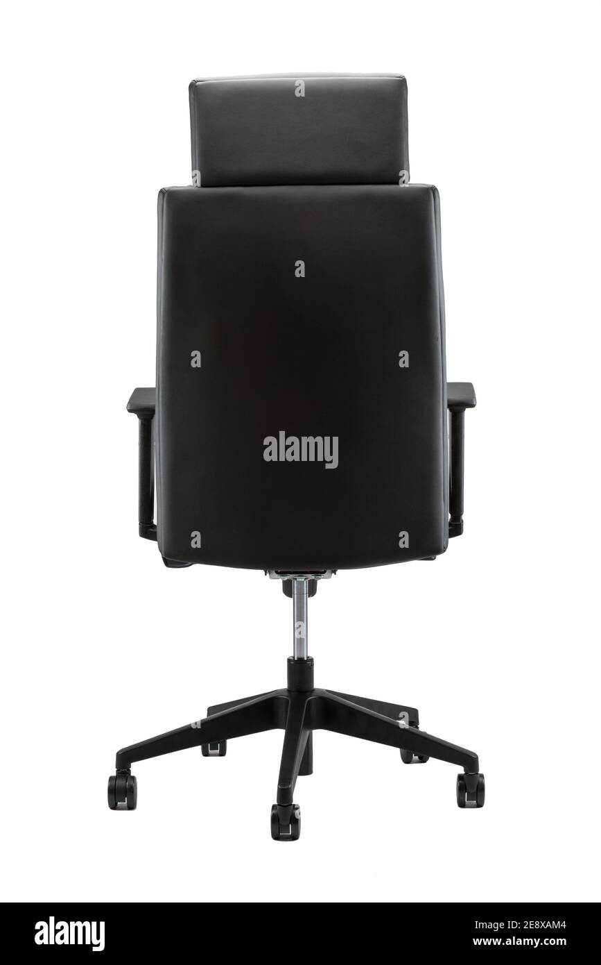Vertical rear view of black office chair with headrest isolated on ...