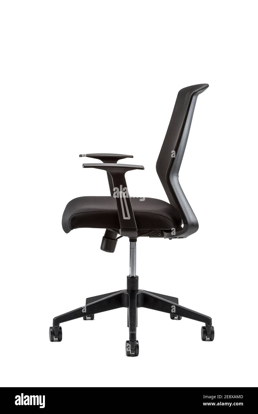 Vertical side view of black office chair isolated on white background ...