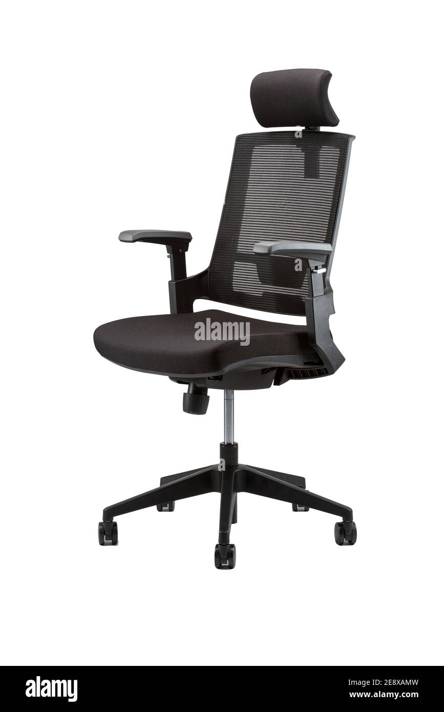 Vertical partial side view of black office chair with headrest isolated ...