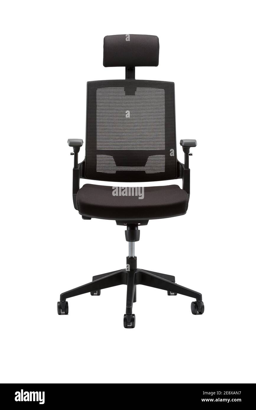 Vertical front view of black office chair with headrest isolated on ...