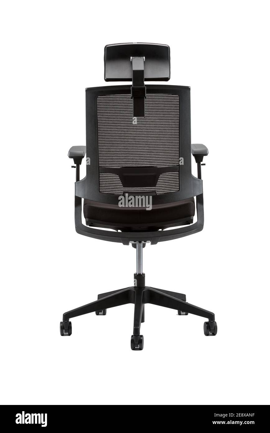 Vertical rear view of black office chair with headrest isolated on ...