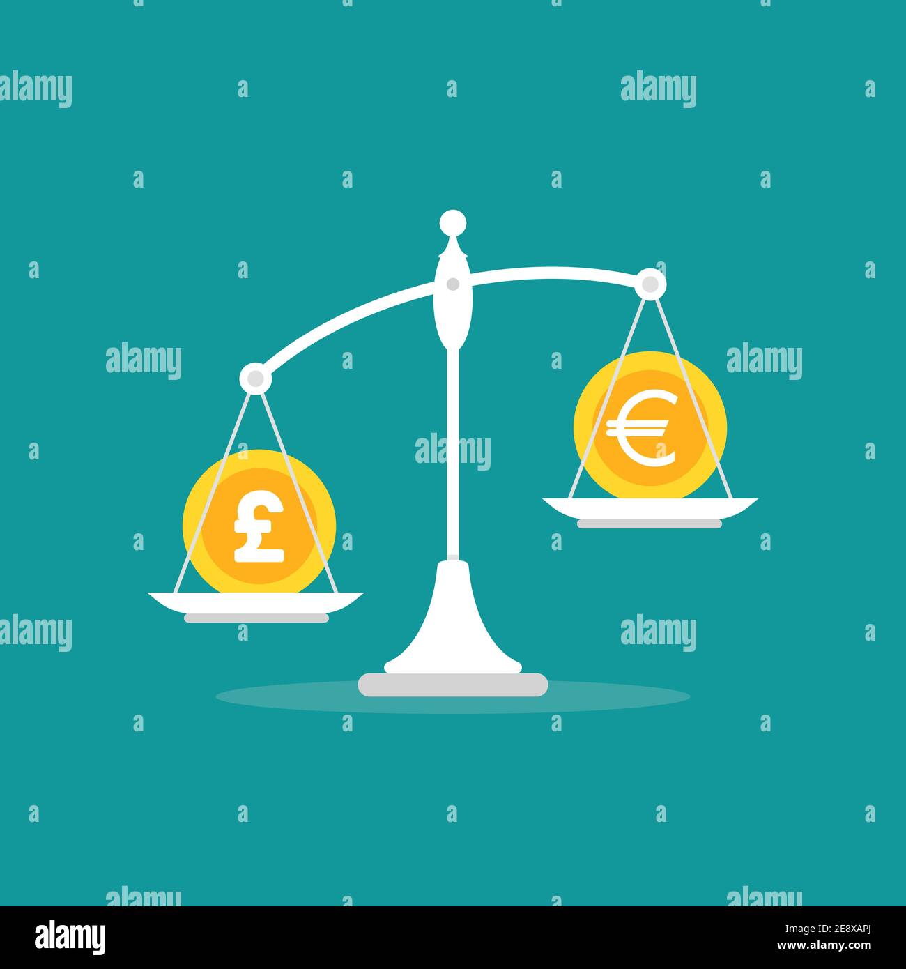 White mechanical scales with pound sterling and euro coin in pans ...