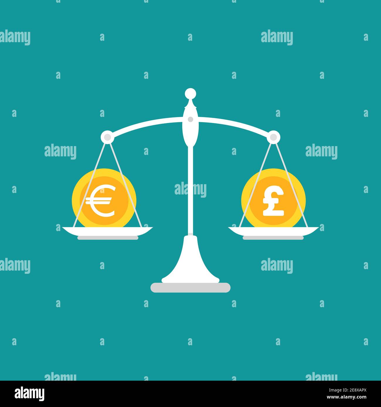 White mechanical scales with pound sterling and euro coin in pans ...