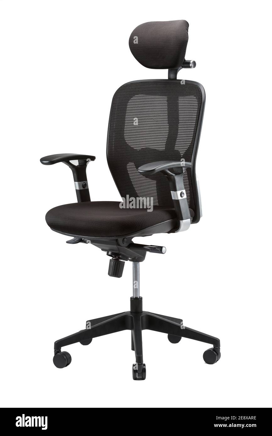 Vertical partial side view of black office chair with headrest isolated ...