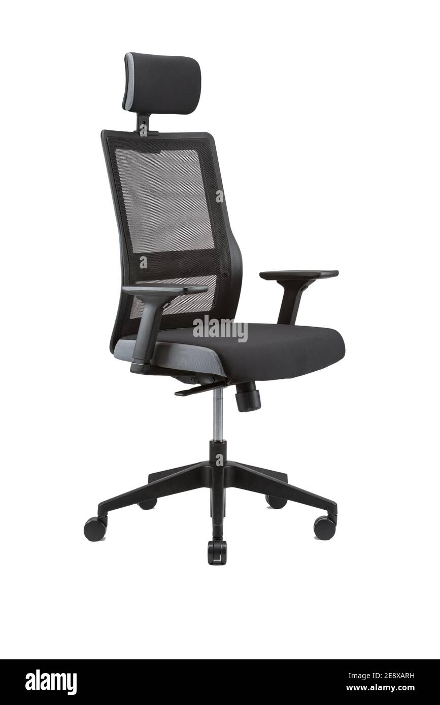 Vertical partial side view of black office chair with headrest isolated ...
