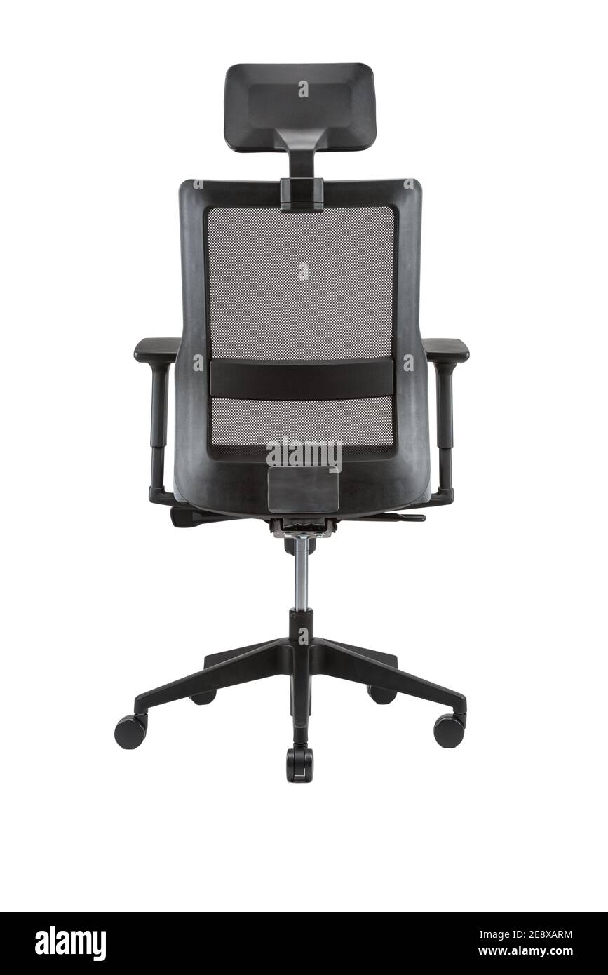 Vertical rear view of black office chair with headrest isolated on ...