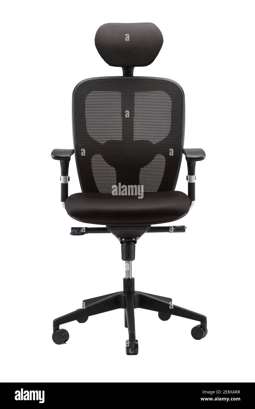 Vertical front view of black office chair with headrest isolated on ...