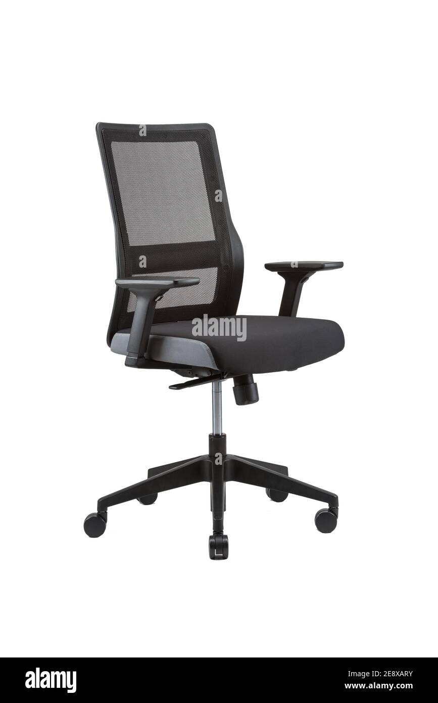 Vertical partial side view of black office chair isolated on white ...