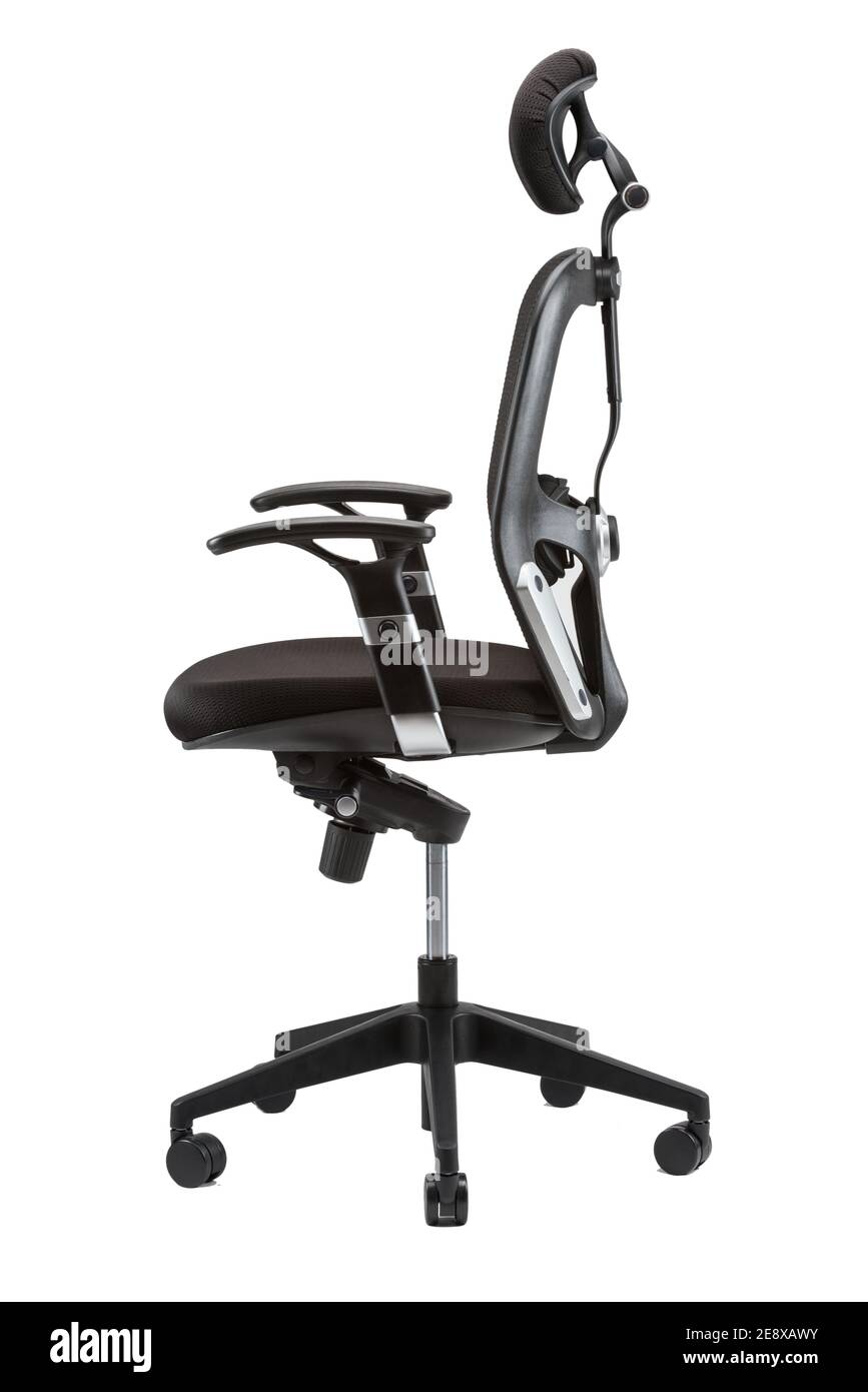 Vertical side view of black office chair with headrest isolated on ...