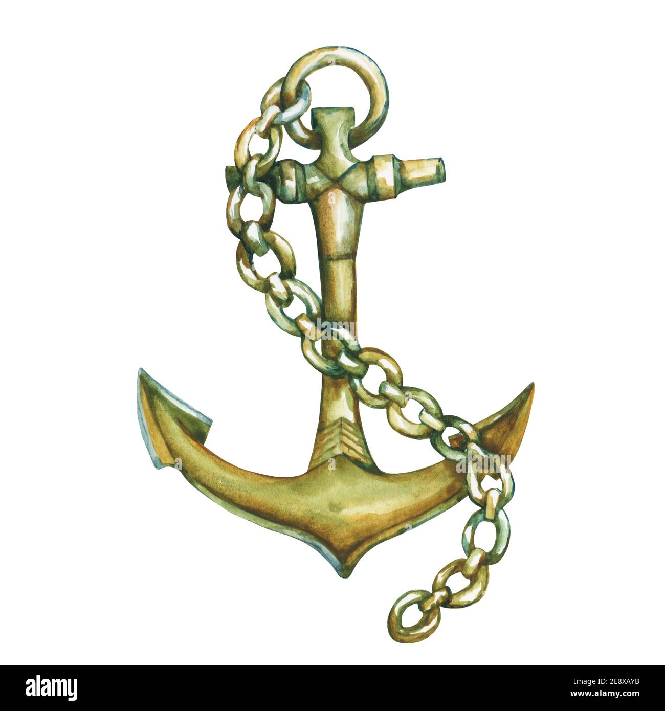 Illustration of antique ship anchor with chain. Hand drawn watercolor ...