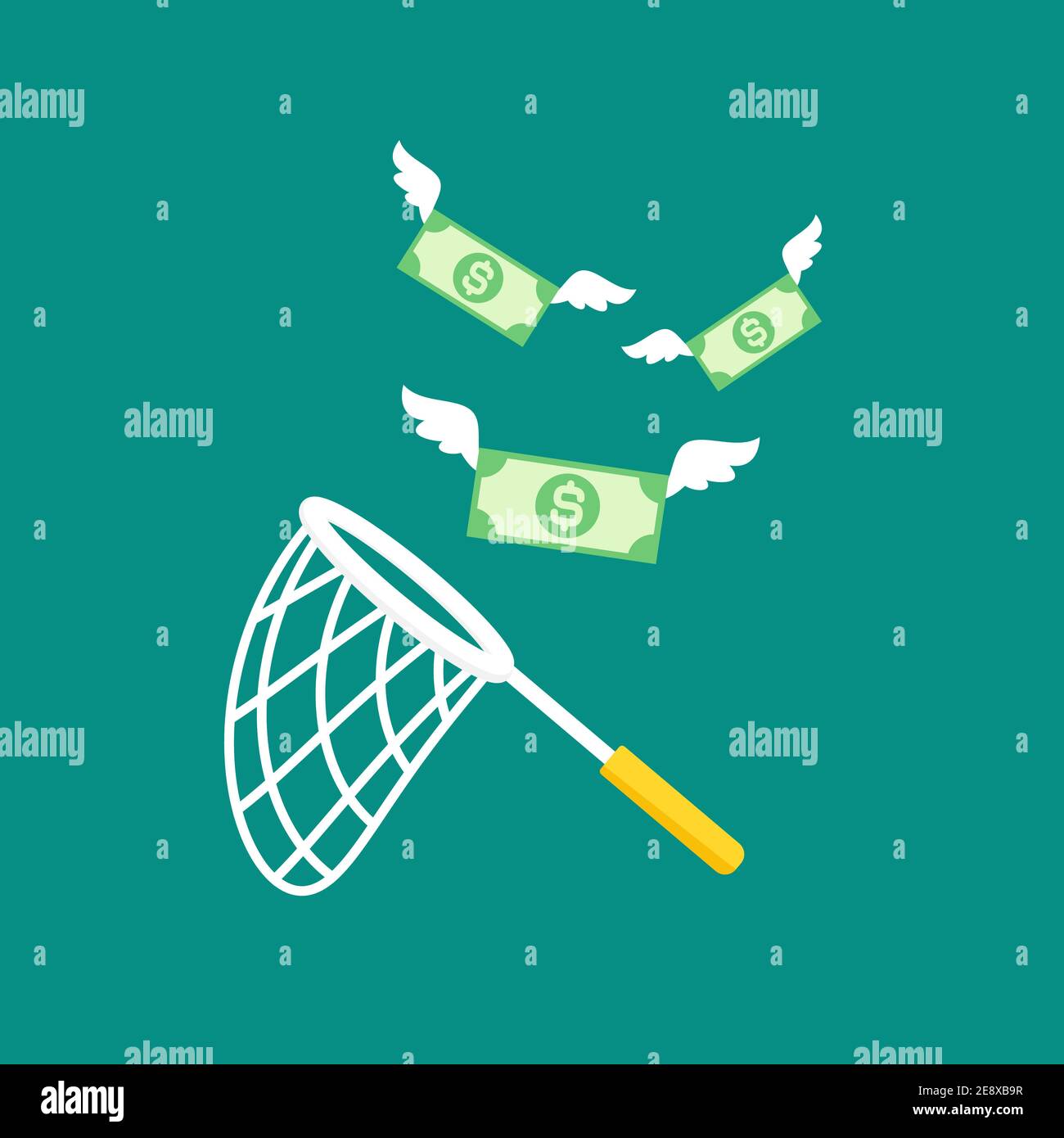 Butterfly net with flying dollar banknotes Catch, hunt, chase money ...