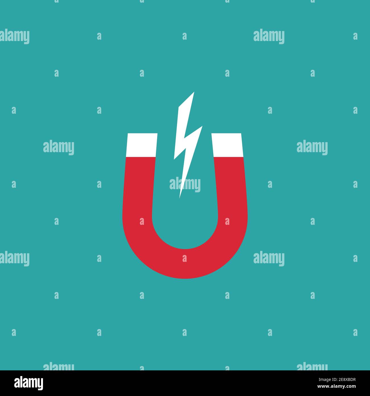 Red horseshoe magnet with magnetic power sign on blue background. u ...