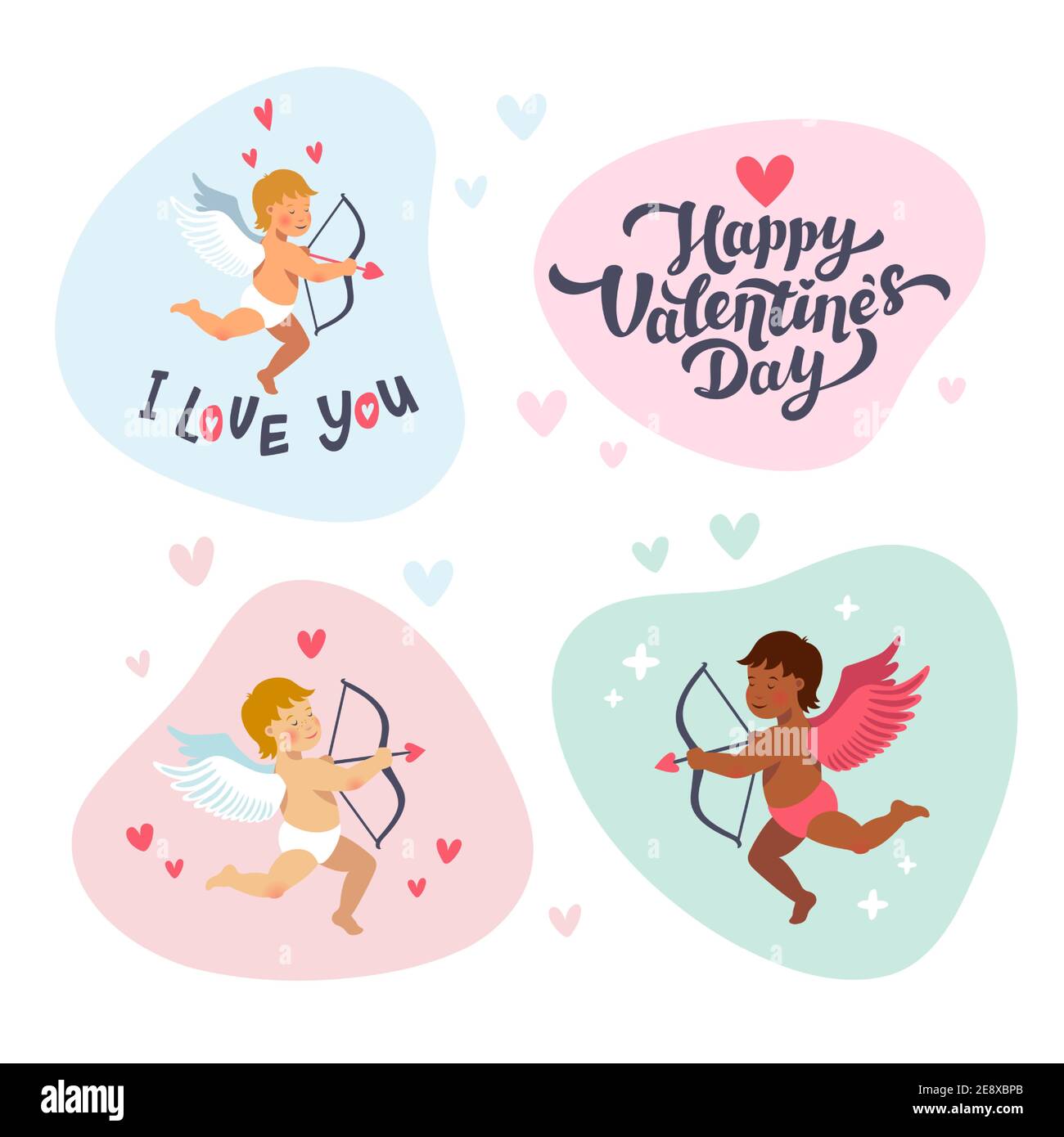 Cupids and angels with bows and arrows. Vector set of cute cupids for ...