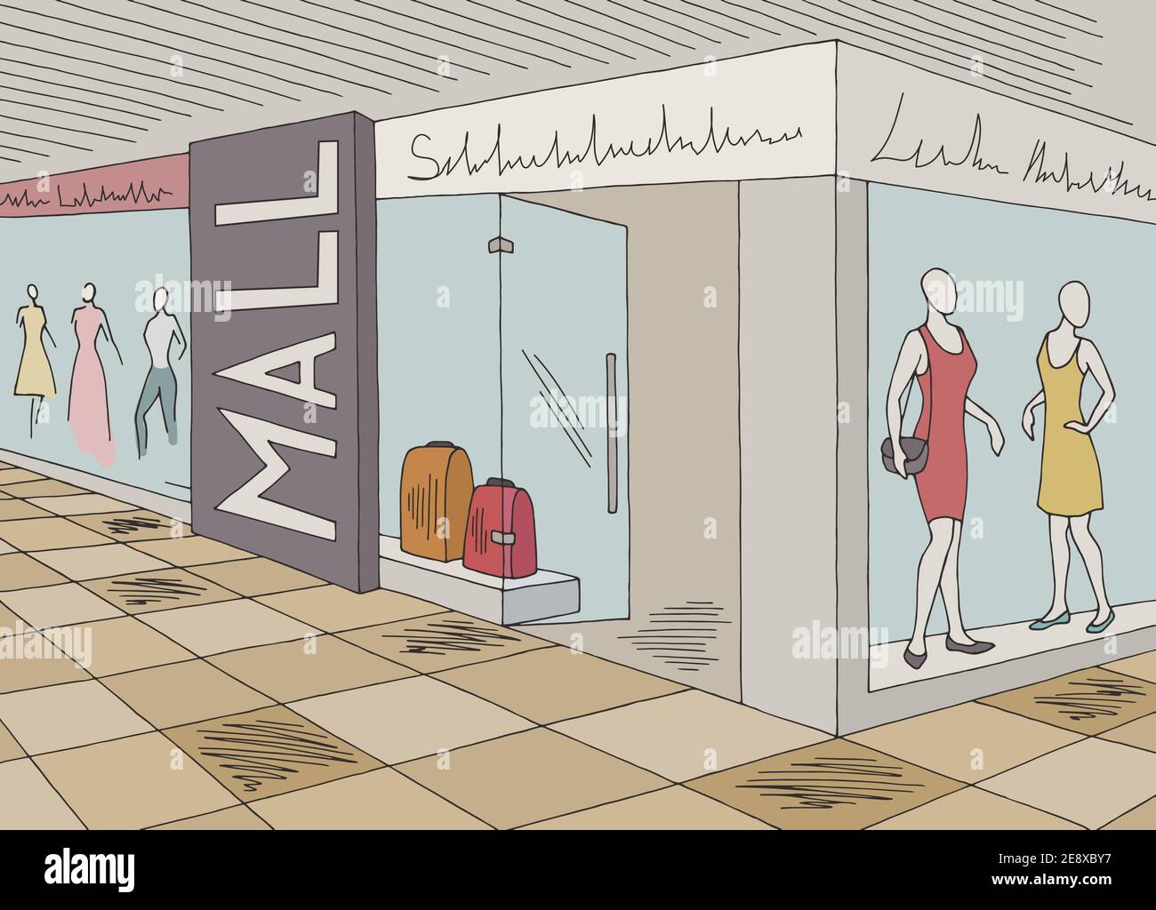 Shopping mall graphic color interior sketch illustration vector Stock ...