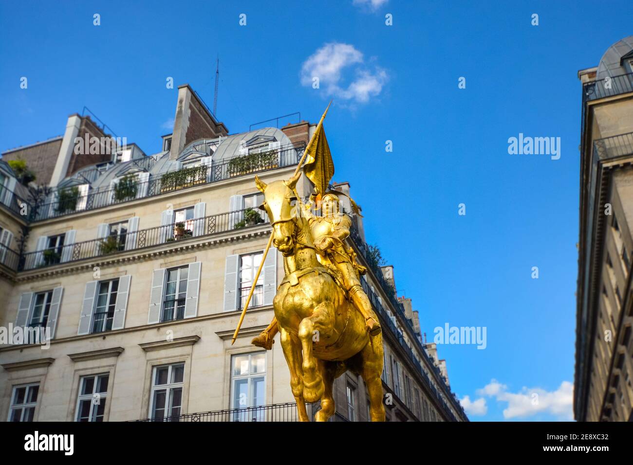 The gilded bronze statue of Jeanne d'Arc or Joan of Arc by Emmanuel Fremiet in the Place des ...
