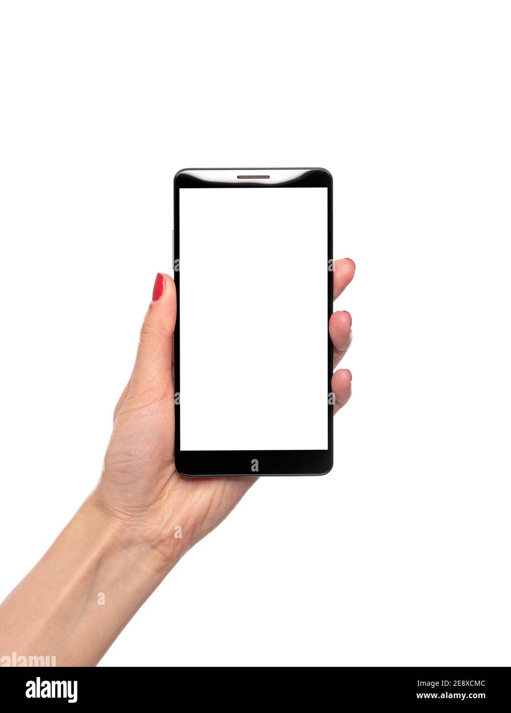 Smartphone with a white screen in a female hand isolated on a white ...