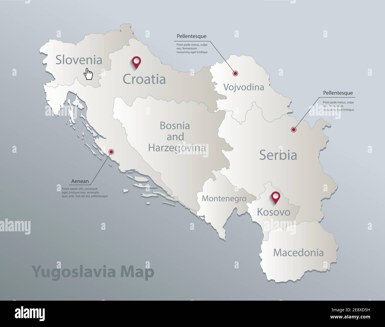 Yugoslavia map, administrative division with names, blue white card ...