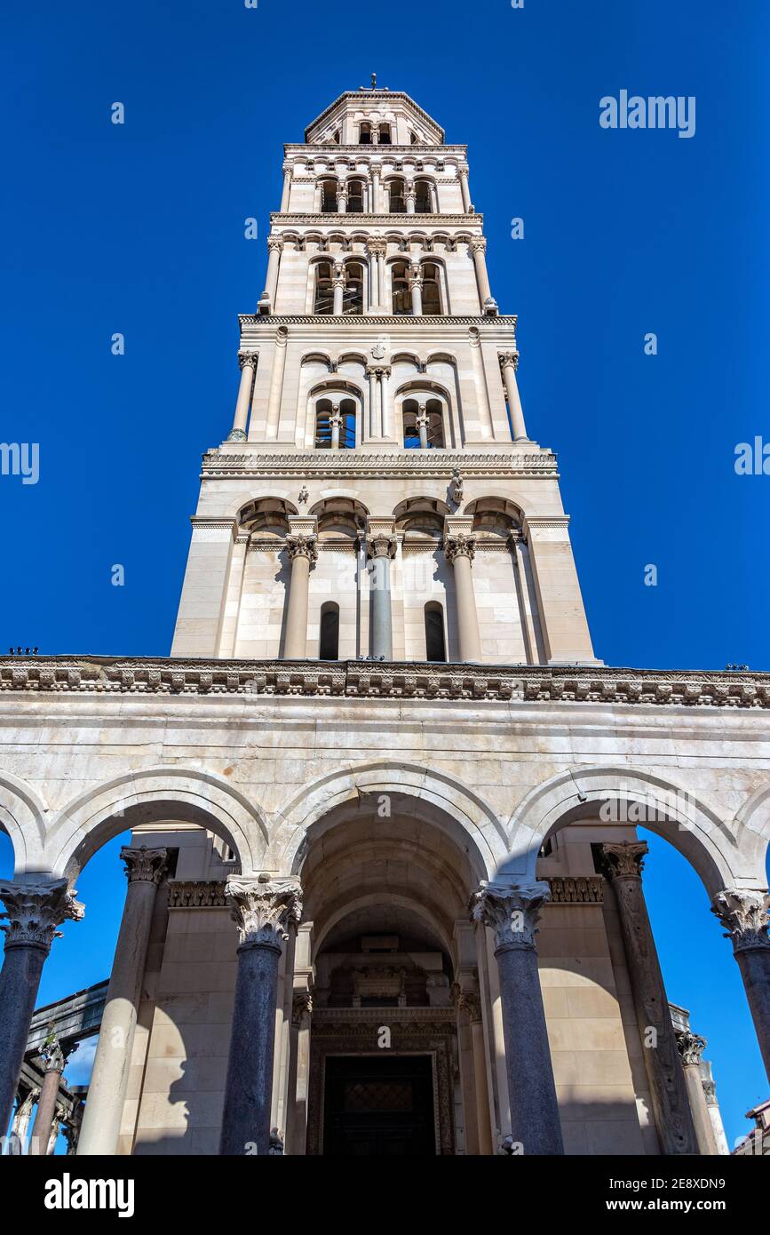 View of St. Domnius Tower in Split, Croatia with a beautiful blue sky ...