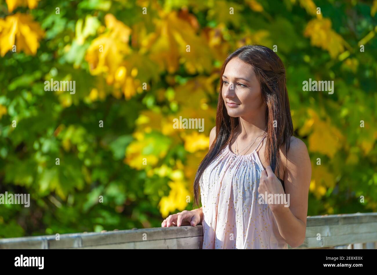 A young woman poses along the railing of a bridge with fall leaves in ...