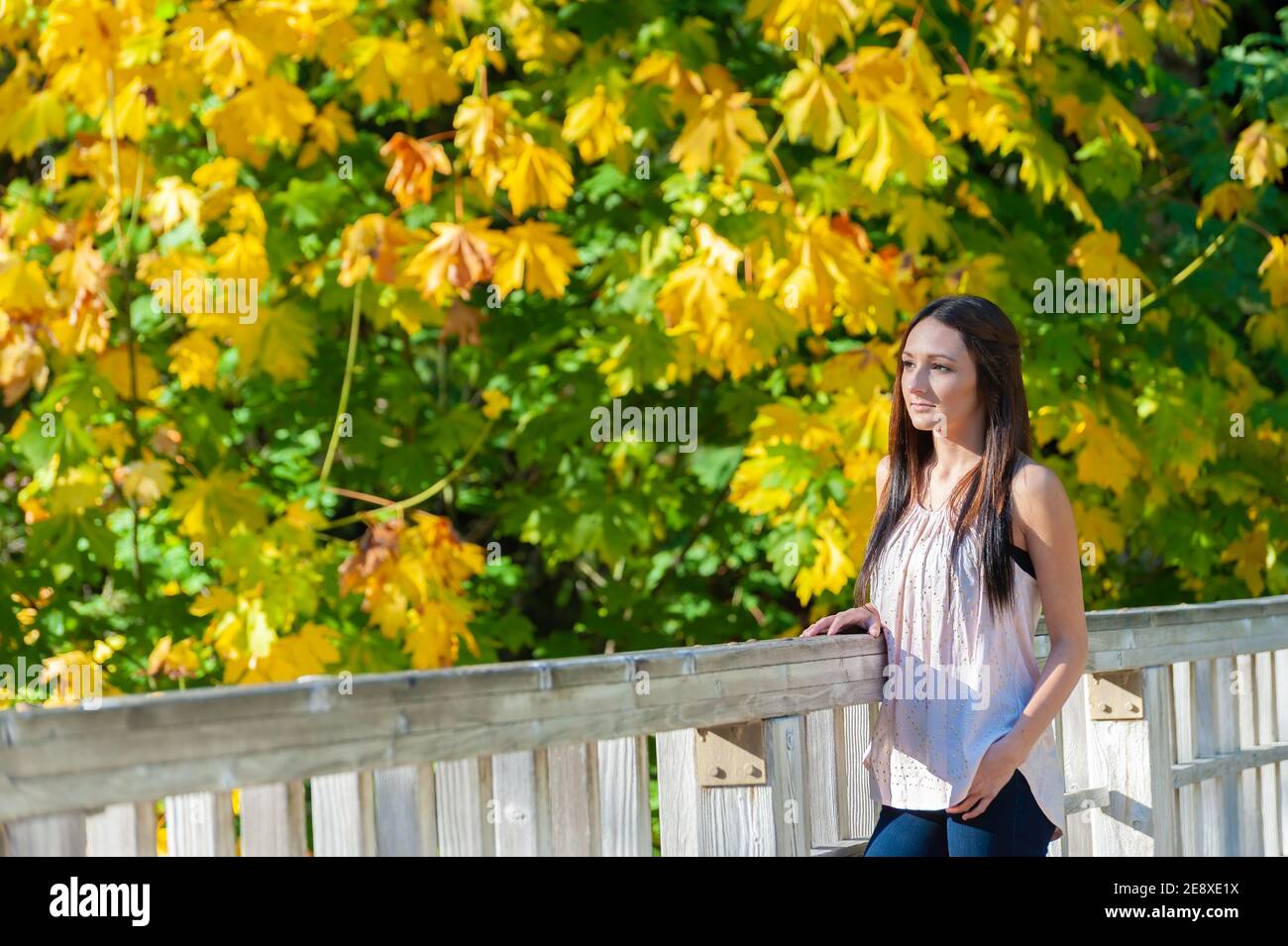 A young woman poses along the railing of a bridge with fall leaves in ...