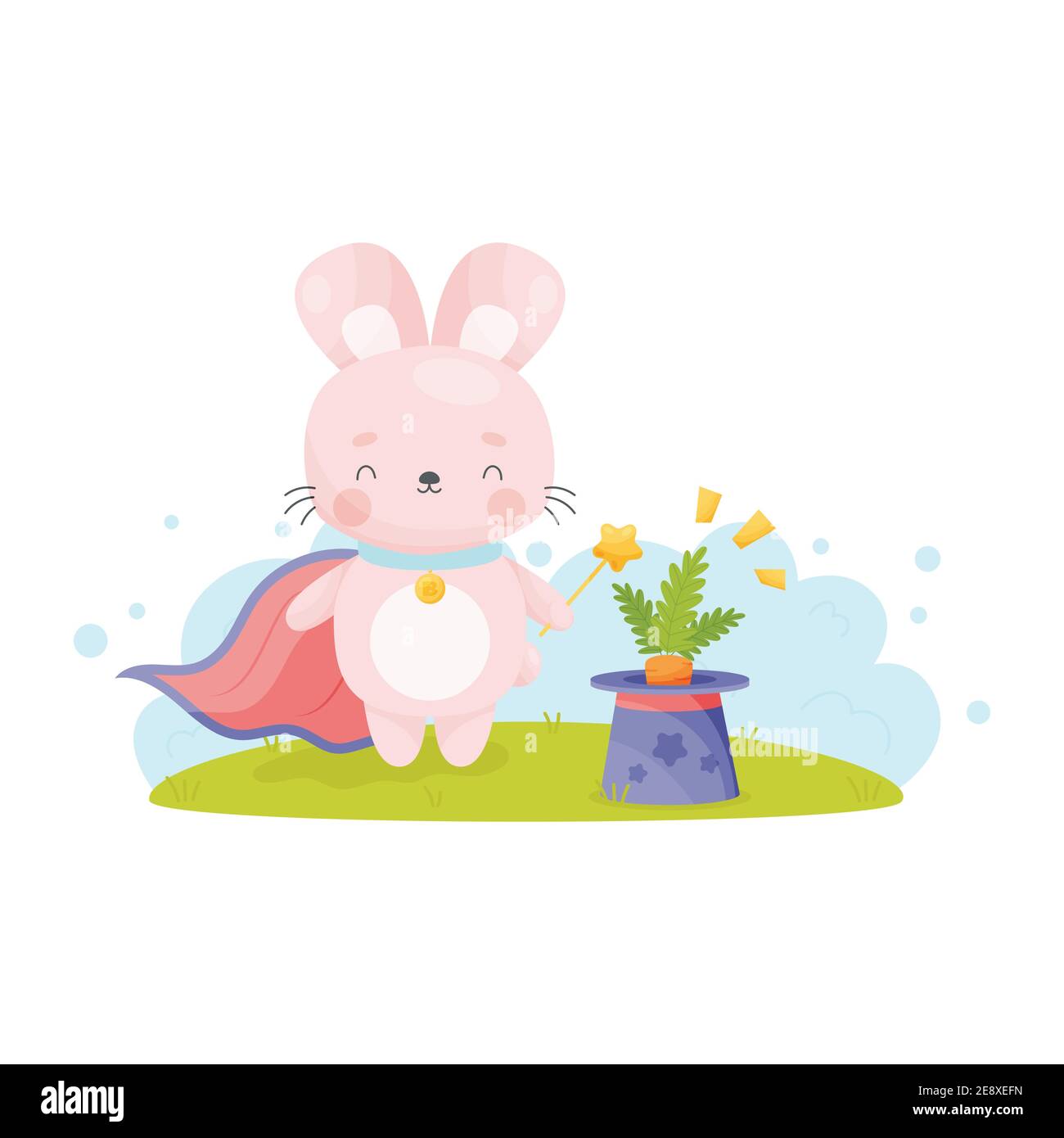 Cute cartoon Easter bunny with magic wand gets out carrot from the hat ...