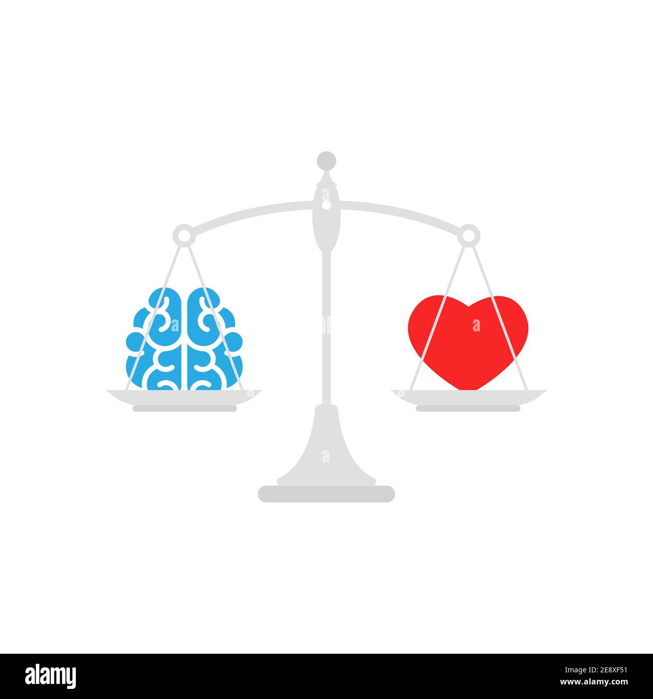 Grey mechanical scales with brain and red heart in pans. Love, like ...