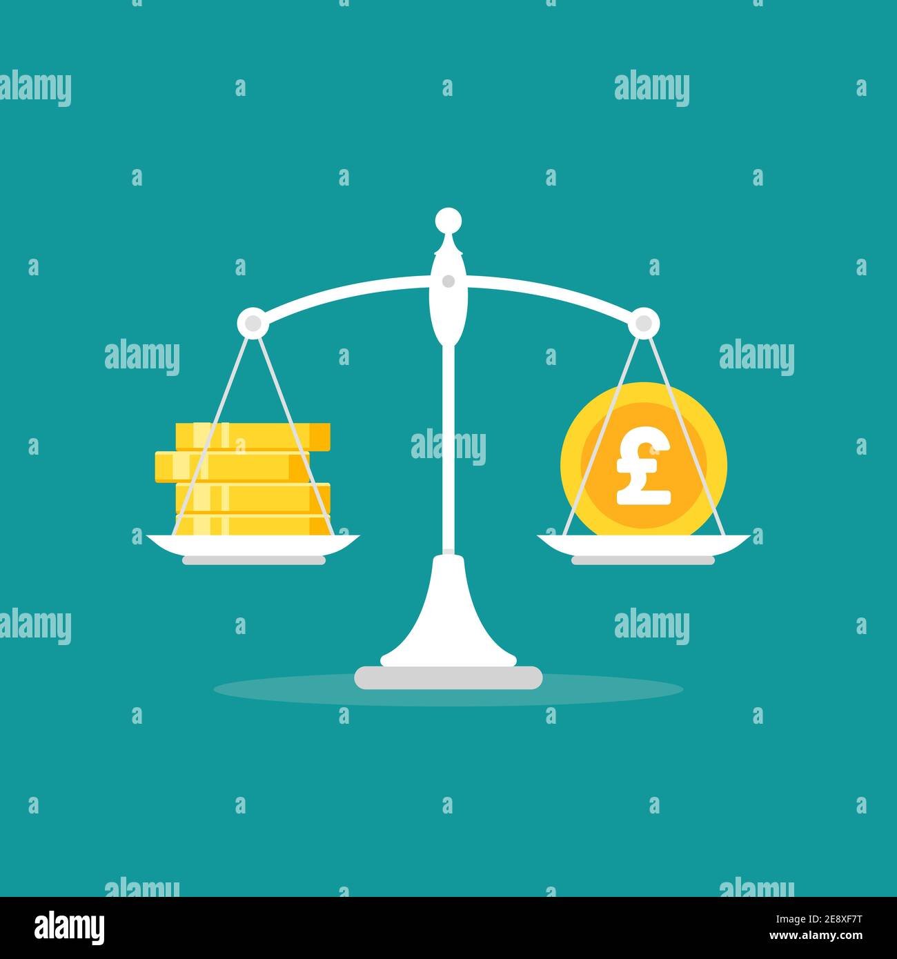 White mechanical scales with gold pound sterling coin and stack of ...