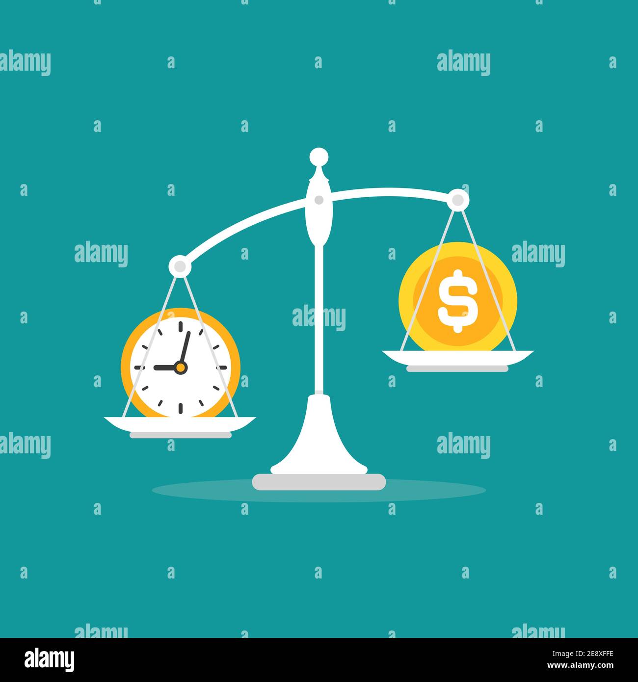 White mechanical scales with dollar coin and clock in pans. Time and ...