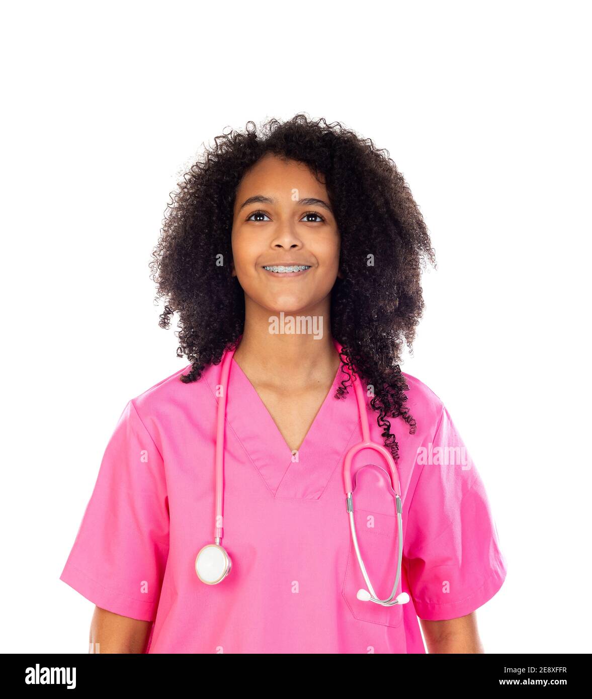 Adorable little doctor with pink uniform isolated on a white background ...
