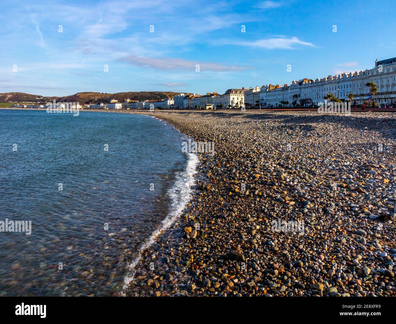 The pebble beach and seafront promenade at Llandudno a seaside resort ...