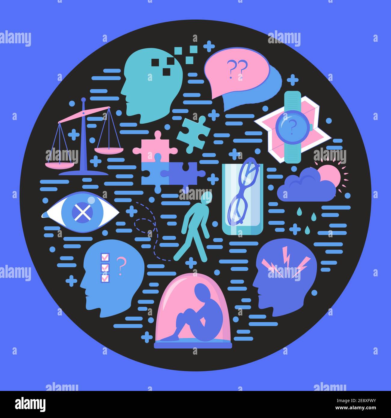 Alzheimer s symptoms round concept in flat style. Banner or poster template with seniors disease ...