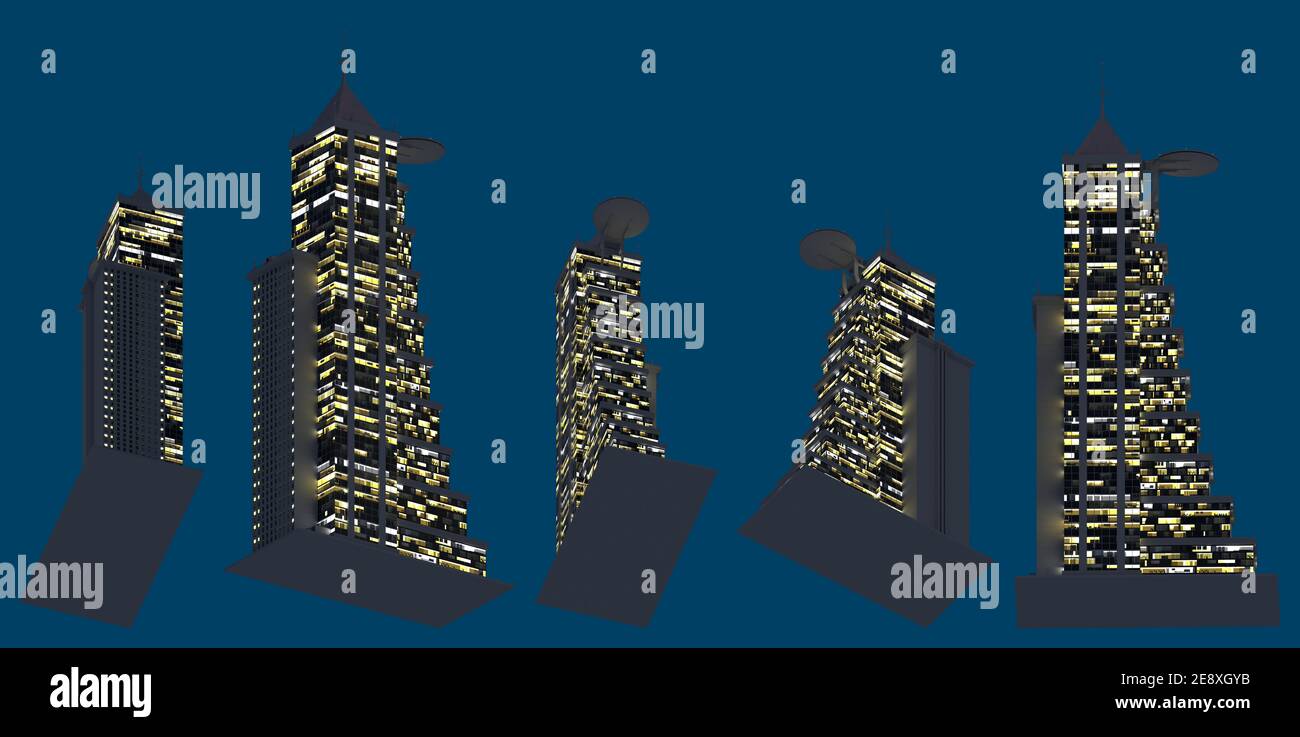 modern fictional towers at dark time with lights on, isolated bottom ...