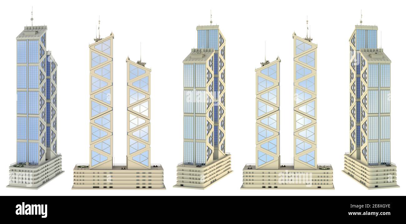 Set of 5 renders of fictional design corporate tall buildings with two ...