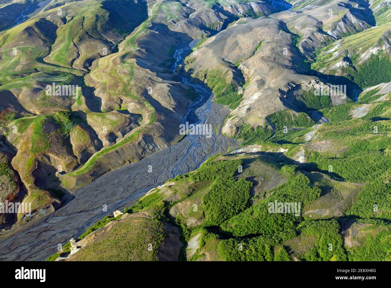 Aerial view over the mountain ridge Thorsmork / Þórsmörk / Thorsmoerk ...