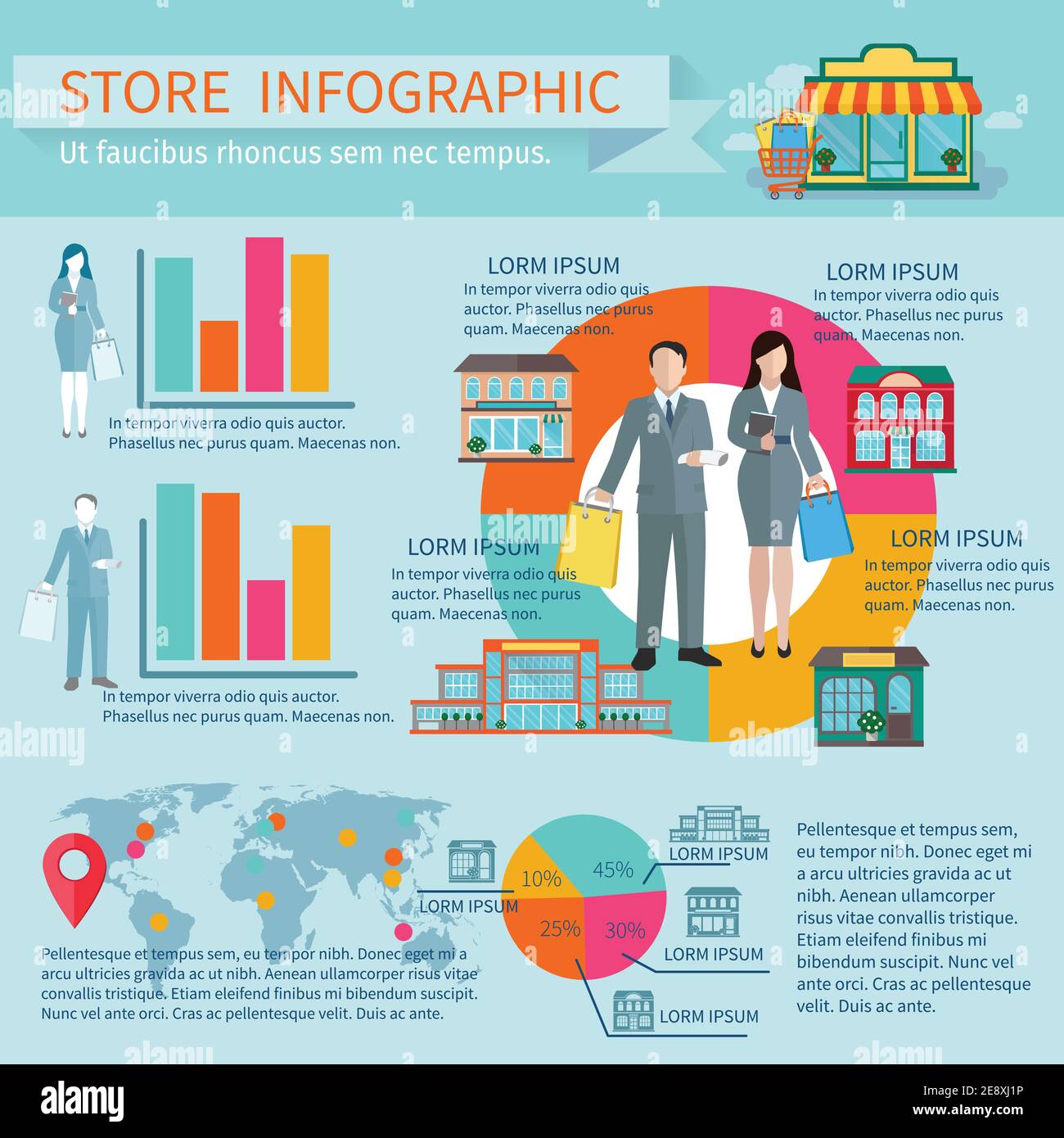 Stores buildings and shopping infographic set with figures percentage ...