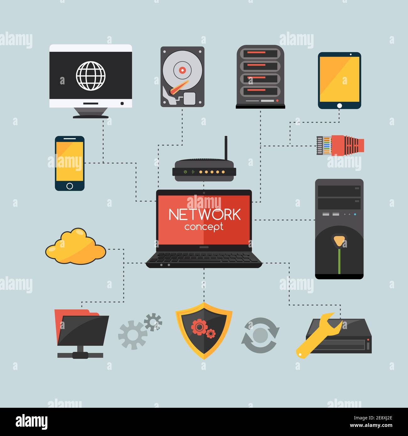Computer network concept with hardware and system protection flat icons ...