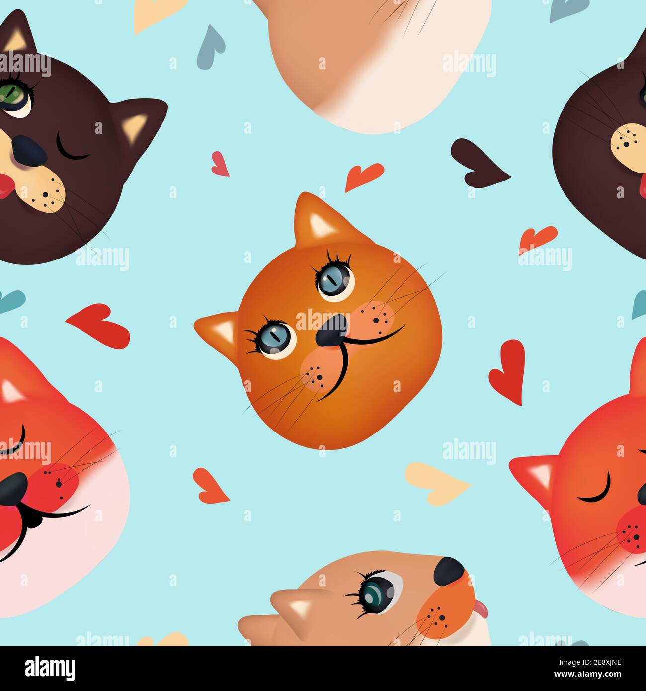 Cute cat Faces seamless pattern. Colorful faces cat on blue background ...