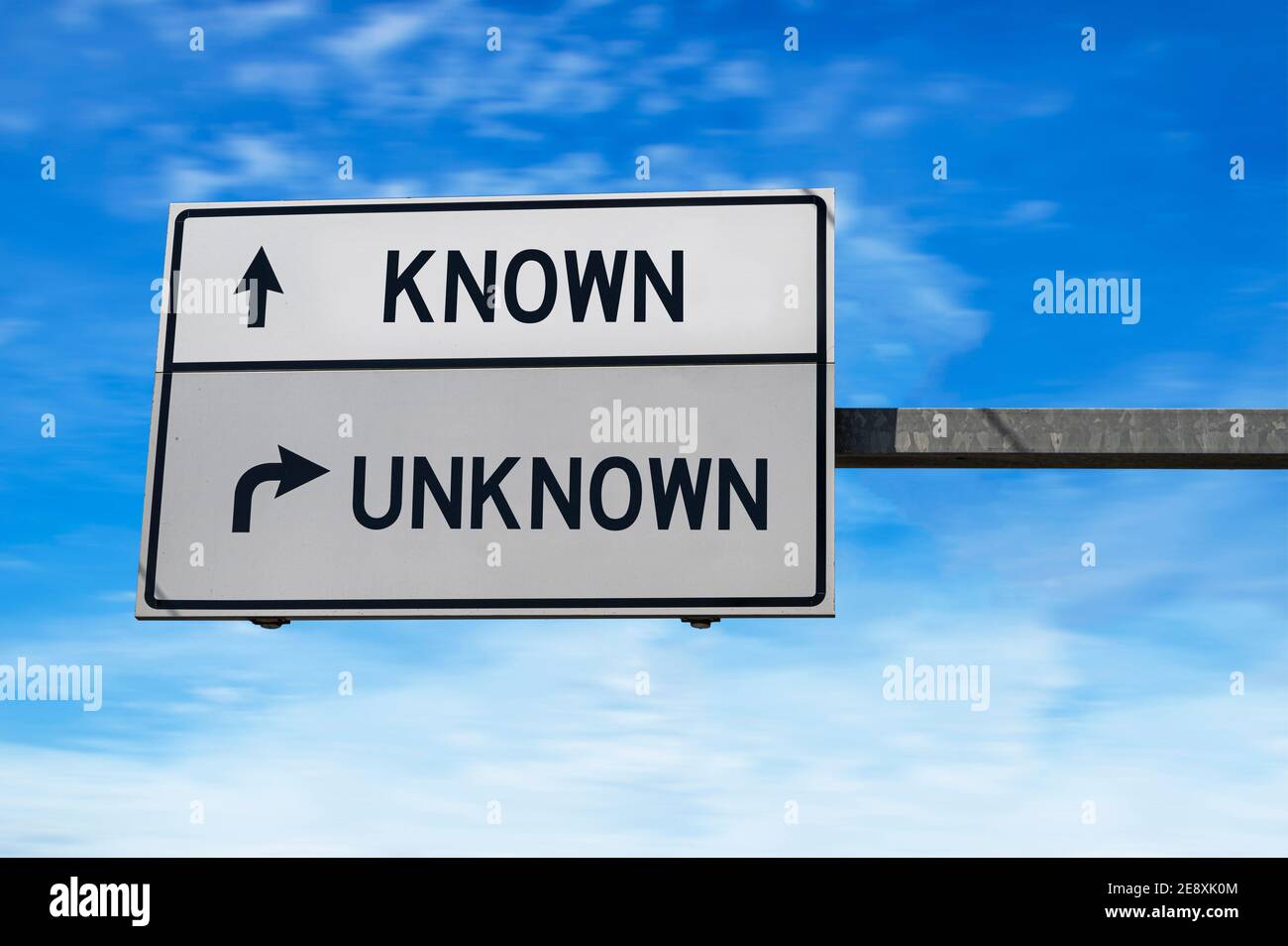 Road sign with words known and unknown. White two street signs with ...