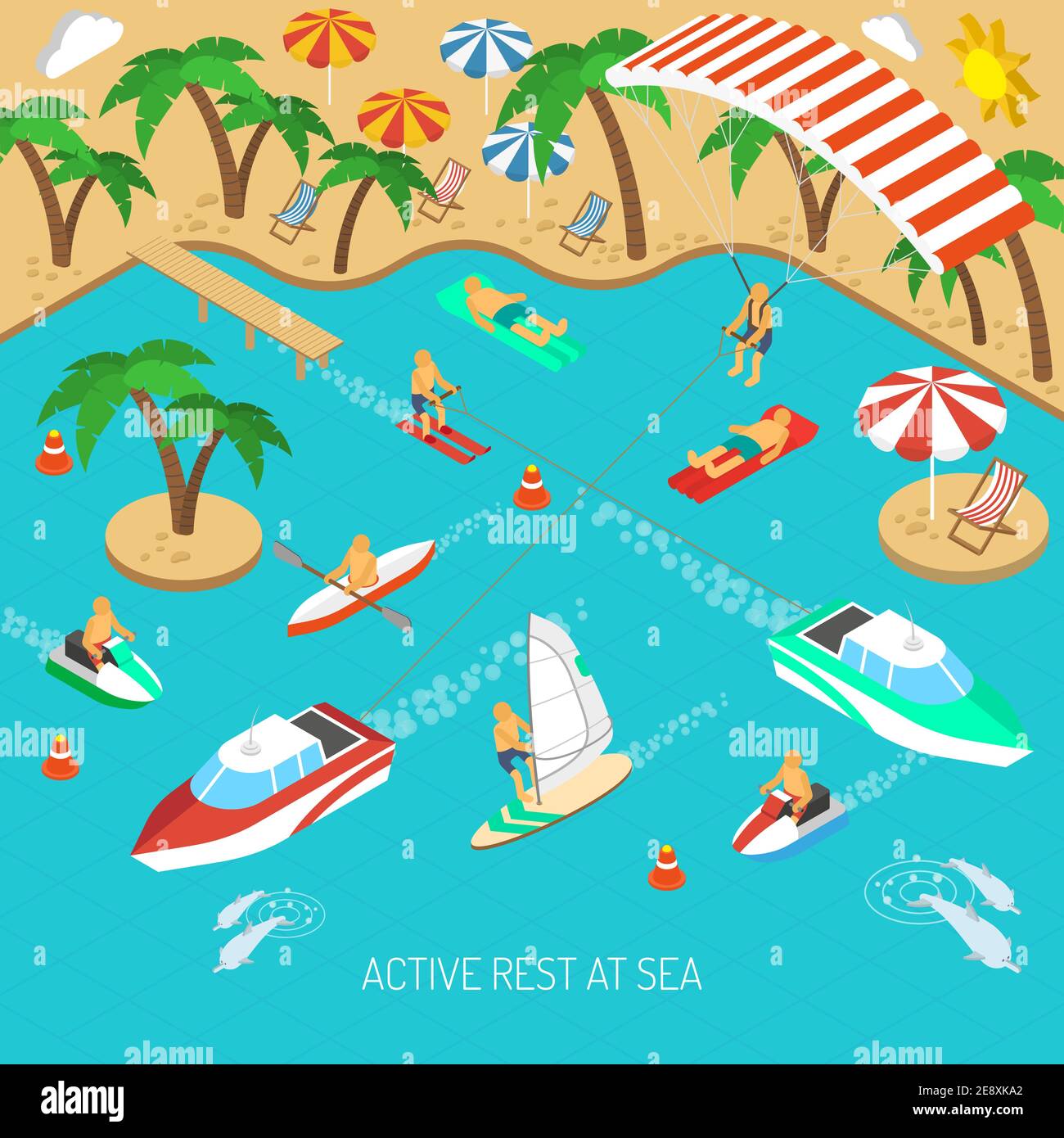 Active rest at sea and beach vacation with umbrellas and chaise lounges ...