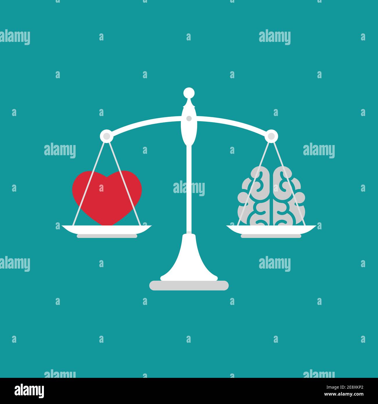 White mechanical scales with brain and red heart in pans. Love, like ...