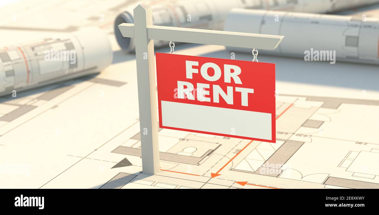 For rent sign, real estate agent concept, Wooden placard on house ...