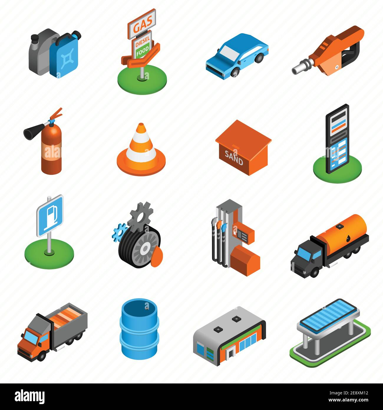 Gas diesel station isometric icons collection of fuel pump nozzle and ...