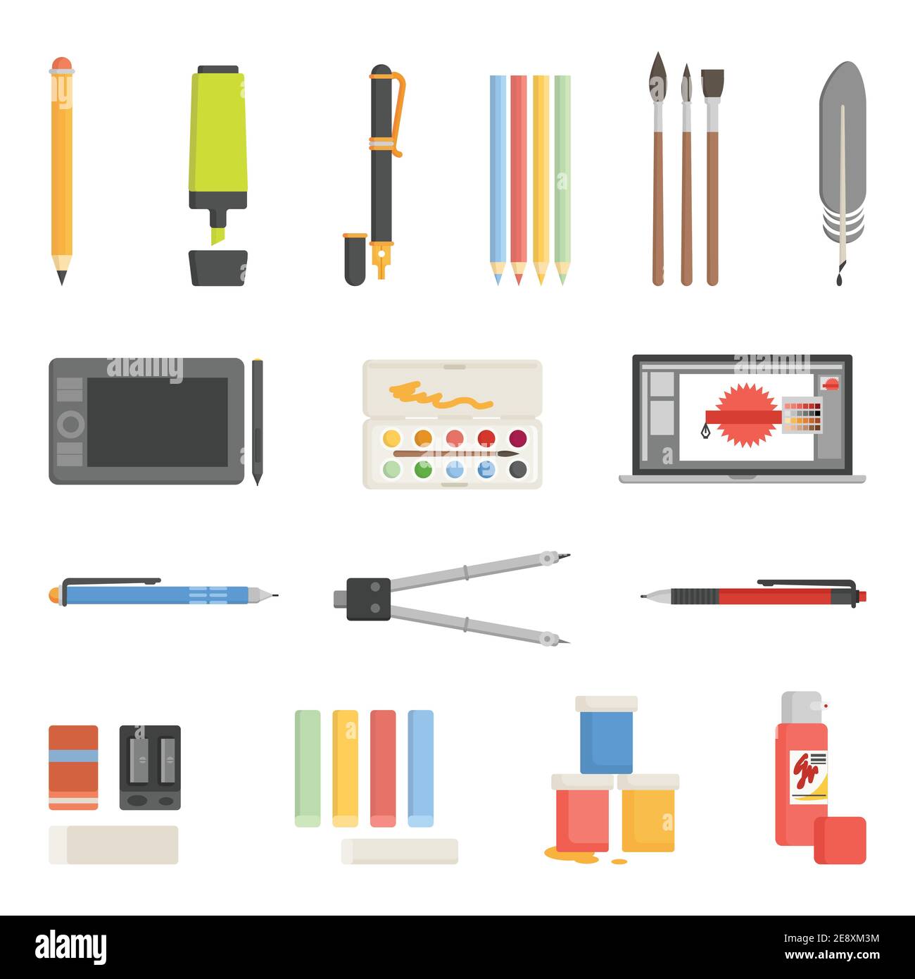 Painter and graphic designer drawing tools icons flat set isolated ...