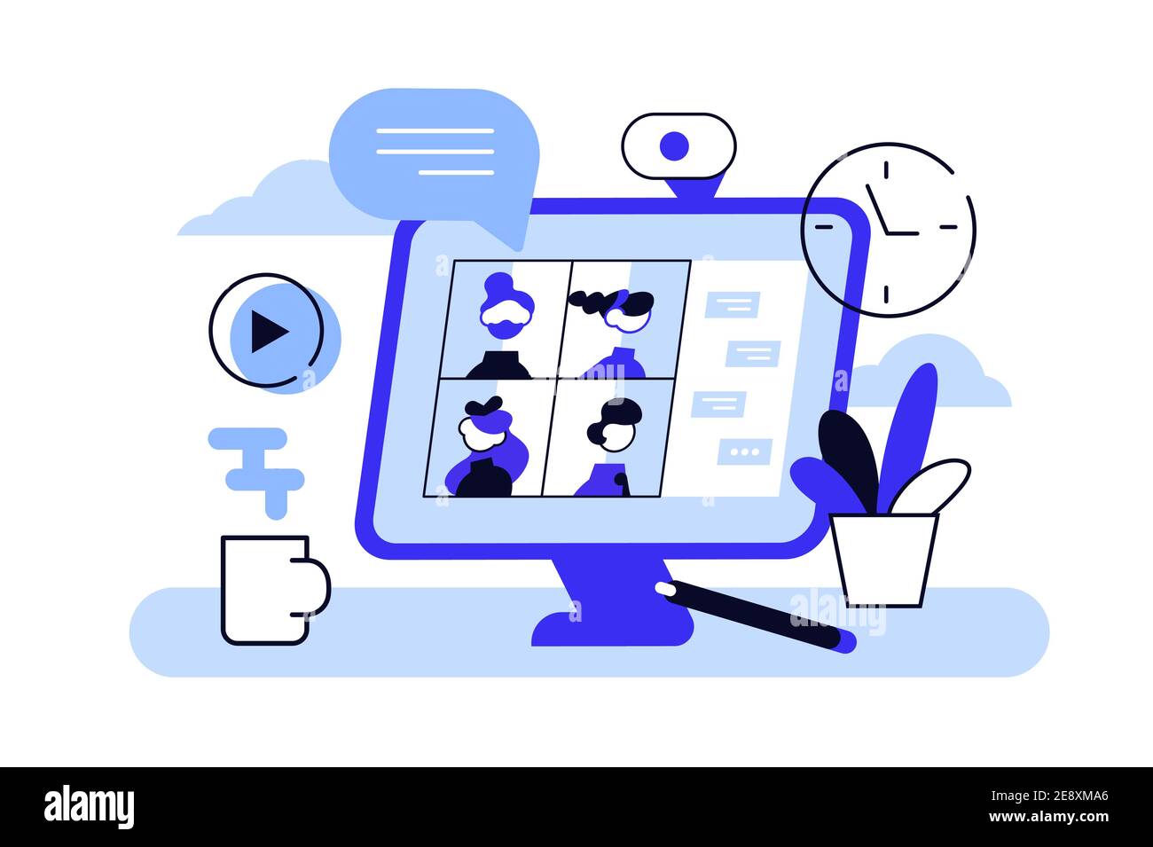 Desktop computer with group of colleagues taking part in video ...