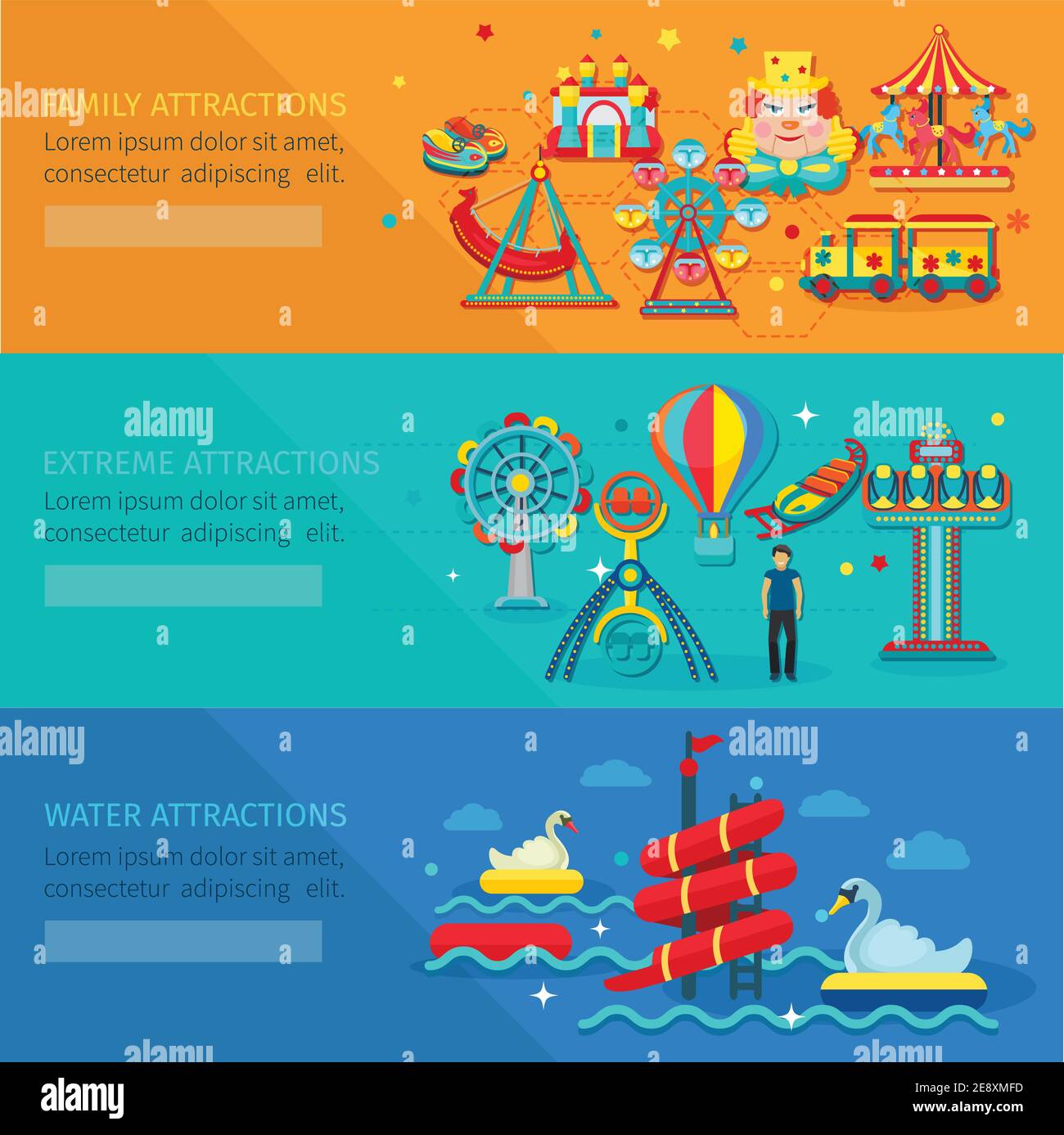 Amusement park horizontal banner set with water family extreme ...